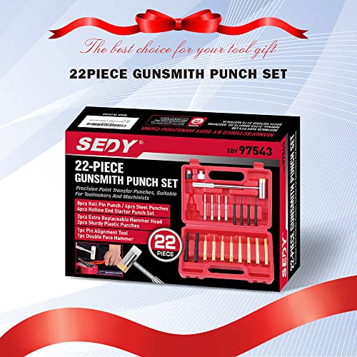 SEDY 18-Pieces Roll Pin Punch Set, Roll Pin Starter Punch, Brass, Steel, Plastic Punches & Brass/Polymer Hammer. Red Storage Carring Case provided