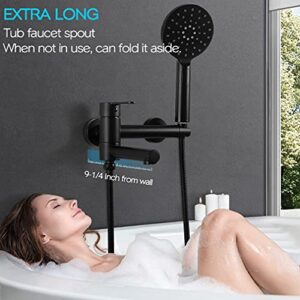 KAPHOME Matte Black Wall Mount Bathtub Faucet with Hand Shower,Tub Shower Faucet with Lengthened Folding Spout,KHSB05U