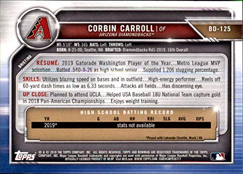 2019 Bowman Draft #BD-125 Corbin Carroll RC Rookie Arizona Diamondbacks MLB Baseball Trading Card