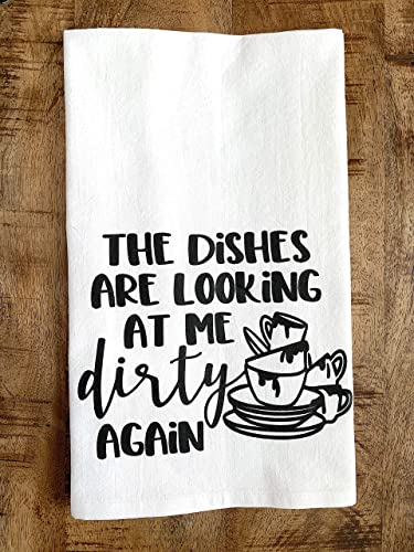 Handmade Funny Kitchen Towel - 100% Cotton Funny Hand Towel for Kitchen - 28x28 Inch Perfect for Chef Housewarming Christmas Mother’s Day Birthday Gift (The Dishes Are Looking at Me...)