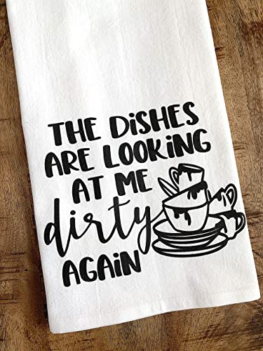 Handmade Funny Kitchen Towel - 100% Cotton Funny Hand Towel for Kitchen - 28x28 Inch Perfect for Chef Housewarming Christmas Mother’s Day Birthday Gift (The Dishes Are Looking at Me...)