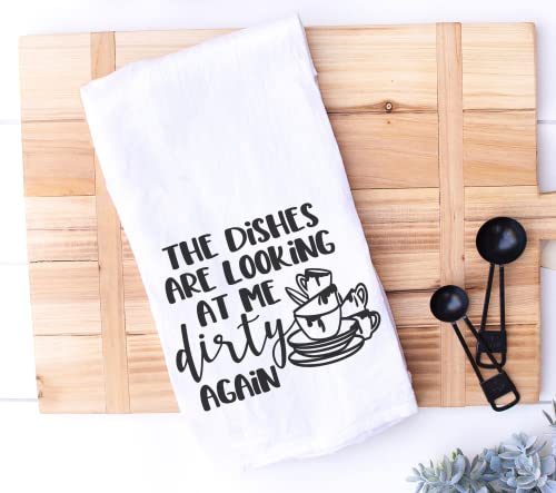 Handmade Funny Kitchen Towel - 100% Cotton Funny Hand Towel for Kitchen - 28x28 Inch Perfect for Chef Housewarming Christmas Mother’s Day Birthday Gift (The Dishes Are Looking at Me...)