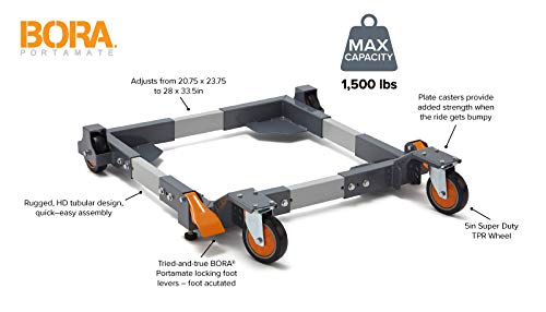 Bora Portamate Mobile Base PM-3800 with High Clearance 5” Wheels – Universal, Heavy Duty, Adjustable Rolling Kit, Floor Dolly Roller for Equipment, Power Tools, Machines- 1500 lb Capacity