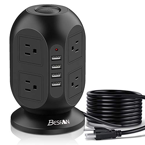 Surge Protector Power Strip Tower with USB Ports, BESFAN 8 AC Outlets 4 USB Ports,10 ft Long Extension Cord with Multiple Outlets Charging Station for Home Office Supplies Dorm Room Essentials