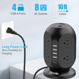 Surge Protector Power Strip Tower with USB Ports, BESFAN 8 AC Outlets 4 USB Ports,10 ft Long Extension Cord with Multiple Outlets Charging Station for Home Office Supplies Dorm Room Essentials