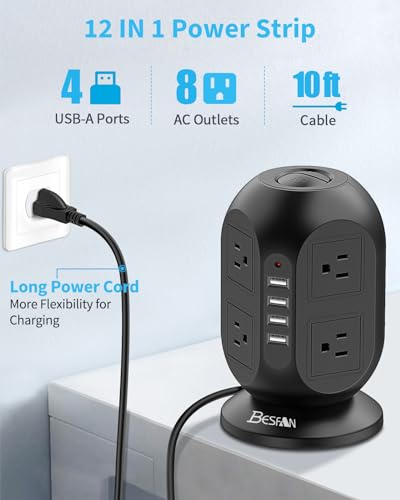 Surge Protector Power Strip Tower with USB Ports, BESFAN 8 AC Outlets 4 USB Ports,10 ft Long Extension Cord with Multiple Outlets Charging Station for Home Office Supplies Dorm Room Essentials