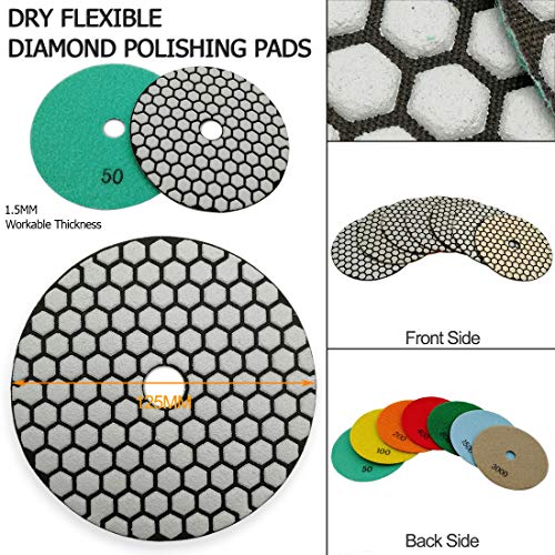 SHDIATOOL 5 Inch Dry Diamond polishing Pads Grit 100 for Granite Marble Quartz(7-Pack)