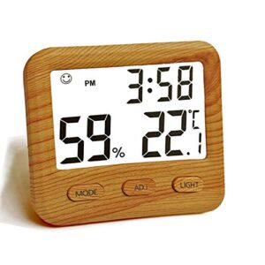 digital hygrometer indoor thermometer, temperature humidity gauge with desk clocks for bedroom office,backlit accurate monitor clear reading,time display room thermometer for home greenhouse wooden