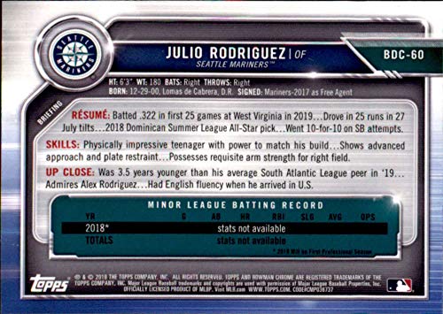 2019 Bowman Chrome Draft #BDC-60 Julio Rodriguez RC Rookie Seattle Mariners MLB Baseball Trading Card