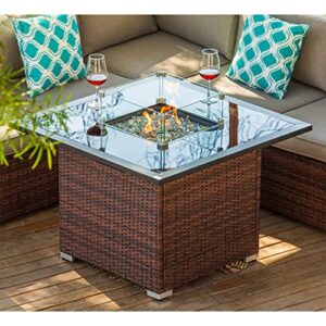 cosiest outdoor propane fire table 36-inch square espresso brown wicker fire pit, 40,000 btu, wind guard, free fire glass, waterproof cover, internal 20lb tank storage