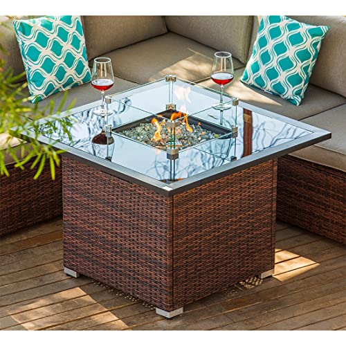 COSIEST Outdoor Propane Fire Table 36-inch Square Espresso Brown Wicker Fire Pit, 40,000 BTU, Wind Guard, Free Fire Glass, Waterproof Cover, Internal 20lb Tank Storage