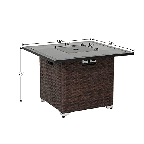 COSIEST Outdoor Propane Fire Table 36-inch Square Espresso Brown Wicker Fire Pit, 40,000 BTU, Wind Guard, Free Fire Glass, Waterproof Cover, Internal 20lb Tank Storage