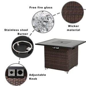 COSIEST Outdoor Propane Fire Table 36-inch Square Espresso Brown Wicker Fire Pit, 40,000 BTU, Wind Guard, Free Fire Glass, Waterproof Cover, Internal 20lb Tank Storage