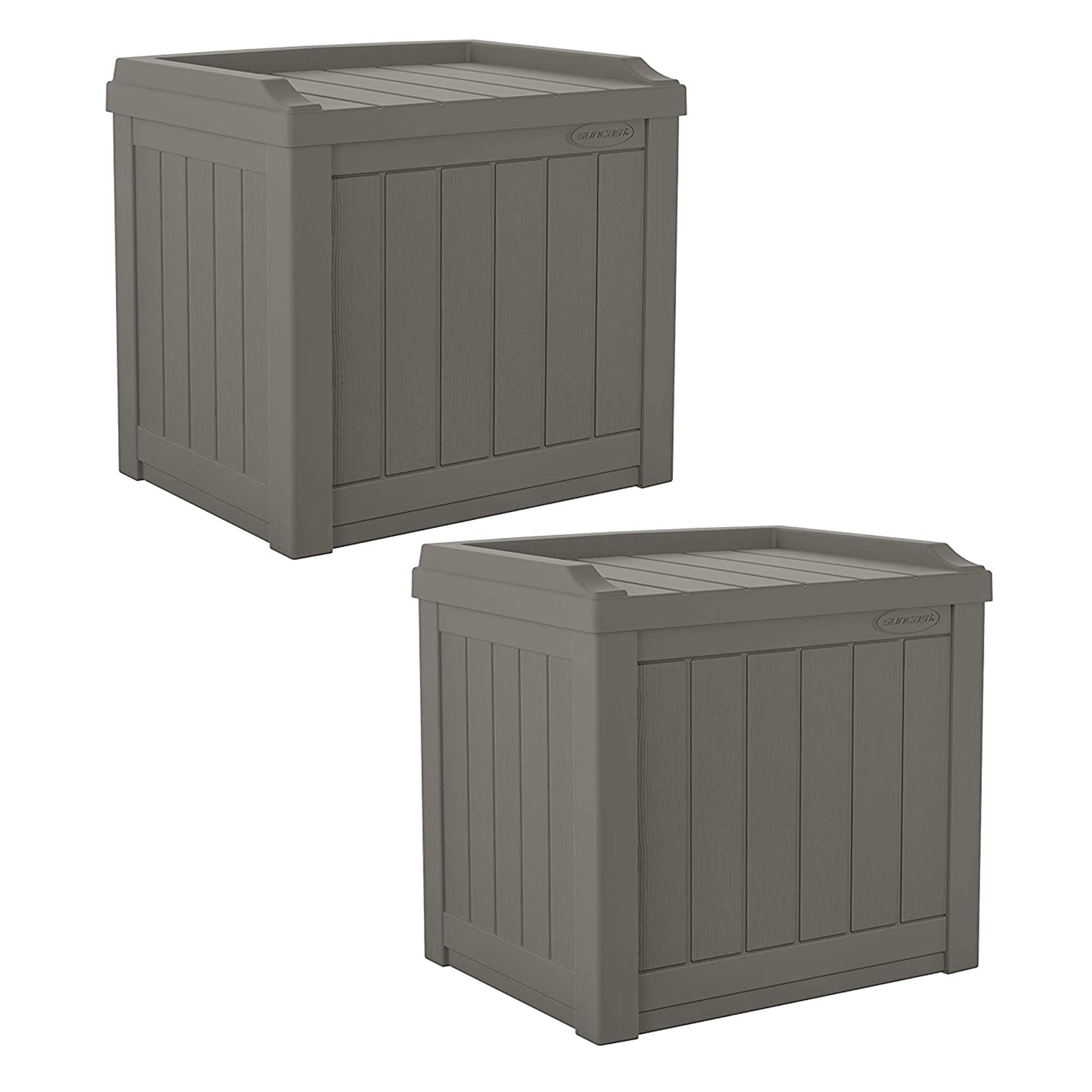 Suncast 22 Gallon Indoor or Outdoor Backyard Patio Small Storage Deck Box with Attractive Bench Seat and Reinforced Lid, Stone (2 Pack)