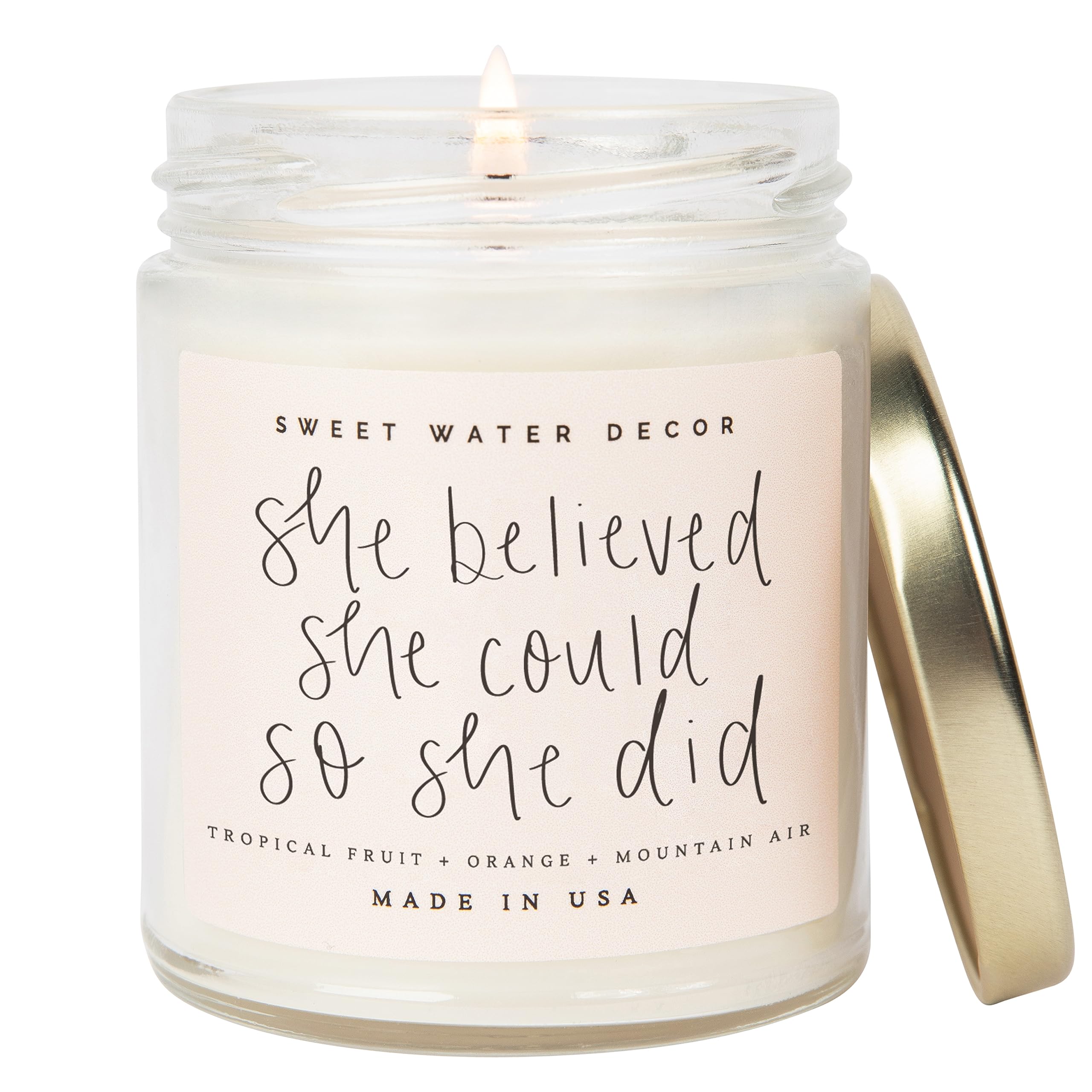 Sweet Water Decor, She Believed She Could So She Did, Tropical Fruit, Orange, Mountain Air, and Island Scented Soy Wax Candle for Home | 9oz Clear Jar, 40 Hour Burn Time, Made in the USA