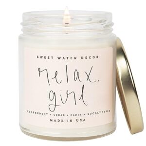 sweet water decor, relax girl, peppermint, cedar, clove, and eucalyptus scented soy wax candle for home | 9oz clear jar, 40 hour burn time, made in the usa