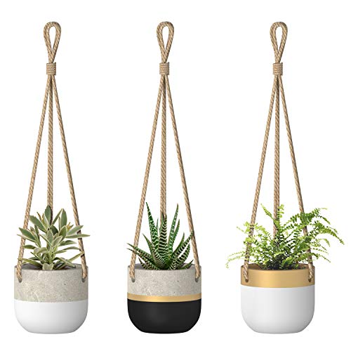 Dahey 3 Pack Small Cement Hanging Planter Succulent Pots with Jute Rope Hanger Modern Mini Concrete Flower Pots Indoor for Cactus Herb or Small Plants Home Decor, 3 Inch