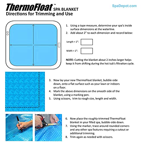 Spa Depot Thermo-Float 16-mil 8ft x 8ft Hot Tub Bubble Cover Floating Spa Blanket - trimmable Heavy-Duty Insulating Solar Heating