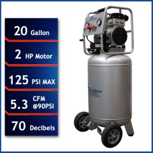 California Air Tools 20020 Ultra Quiet & Oil-Free Air Compressor 2.0 Hp, 20.0 Gal. Steel Tank Air Compressor