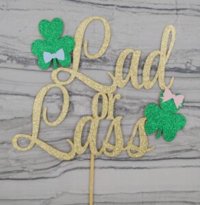 lad or lass shamrock gender reveal glitter paper cake topper