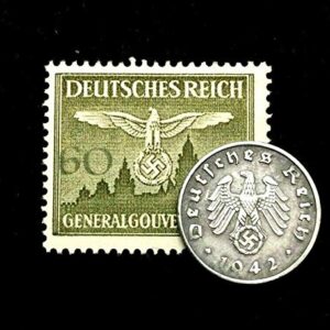 DE 1938 Rare Old WWII German War 1 Reichspfennig Coin & Stamp World War 2 Artifacts Perfect Circulated Coin