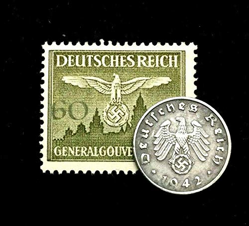 DE 1938 Rare Old WWII German War 1 Reichspfennig Coin & Stamp World War 2 Artifacts Perfect Circulated Coin