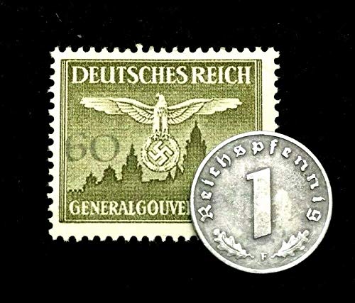 DE 1938 Rare Old WWII German War 1 Reichspfennig Coin & Stamp World War 2 Artifacts Perfect Circulated Coin