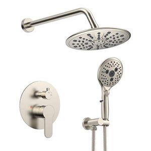 suncleanse shower system, bathroom rainfall shower faucet set complete with 7-setting handheld shower head combo, included rough in valve and trim kit, brushed nickel