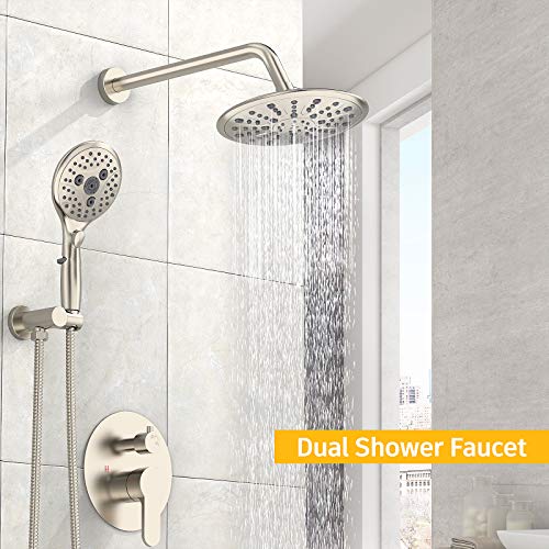 SunCleanse Shower System, Bathroom Rainfall Shower Faucet Set Complete with 7-Setting Handheld Shower Head Combo, Included Rough in Valve and Trim Kit, Brushed Nickel