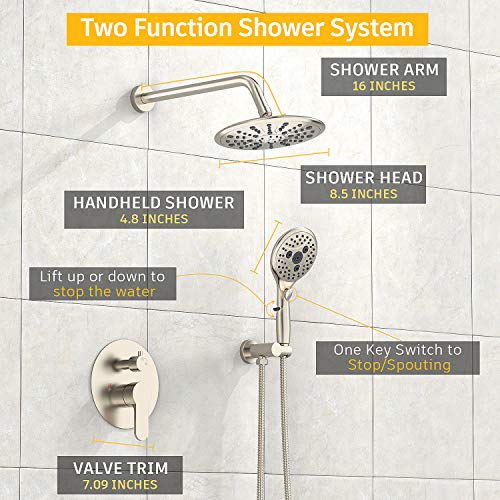 SunCleanse Shower System, Bathroom Rainfall Shower Faucet Set Complete with 7-Setting Handheld Shower Head Combo, Included Rough in Valve and Trim Kit, Brushed Nickel