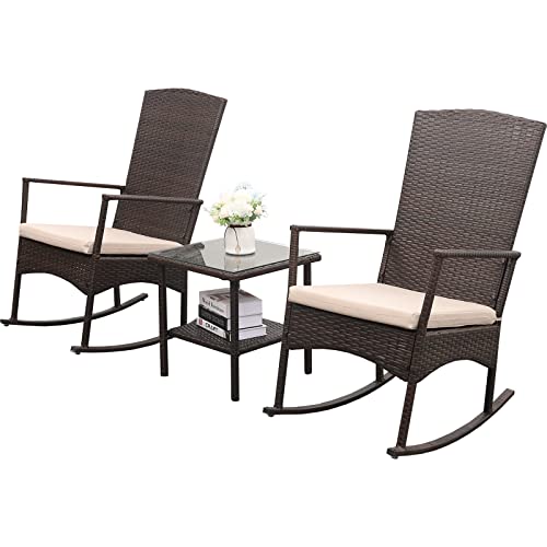 Outdoor PE Wicker Rocking Chair 3-Piece Patio Rattan Bistro Set 2 Rocker Armchair and Glass Coffee Side Table Furniture Washable Lacing Khaki Cushions