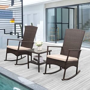 Outdoor PE Wicker Rocking Chair 3-Piece Patio Rattan Bistro Set 2 Rocker Armchair and Glass Coffee Side Table Furniture Washable Lacing Khaki Cushions