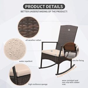 Outdoor PE Wicker Rocking Chair 3-Piece Patio Rattan Bistro Set 2 Rocker Armchair and Glass Coffee Side Table Furniture Washable Lacing Khaki Cushions