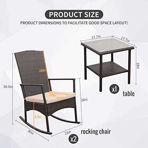 Outdoor PE Wicker Rocking Chair 3-Piece Patio Rattan Bistro Set 2 Rocker Armchair and Glass Coffee Side Table Furniture Washable Lacing Khaki Cushions