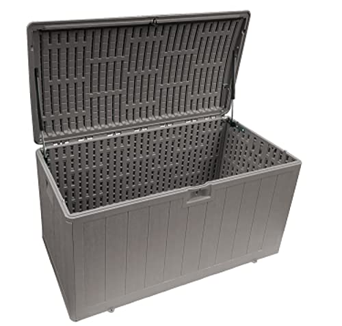 Plastic Development Group 130-Gallon Weather-Resistant Plastic Resin Outdoor Patio Storage Deck Box with Gas Shock Lid, Driftwood