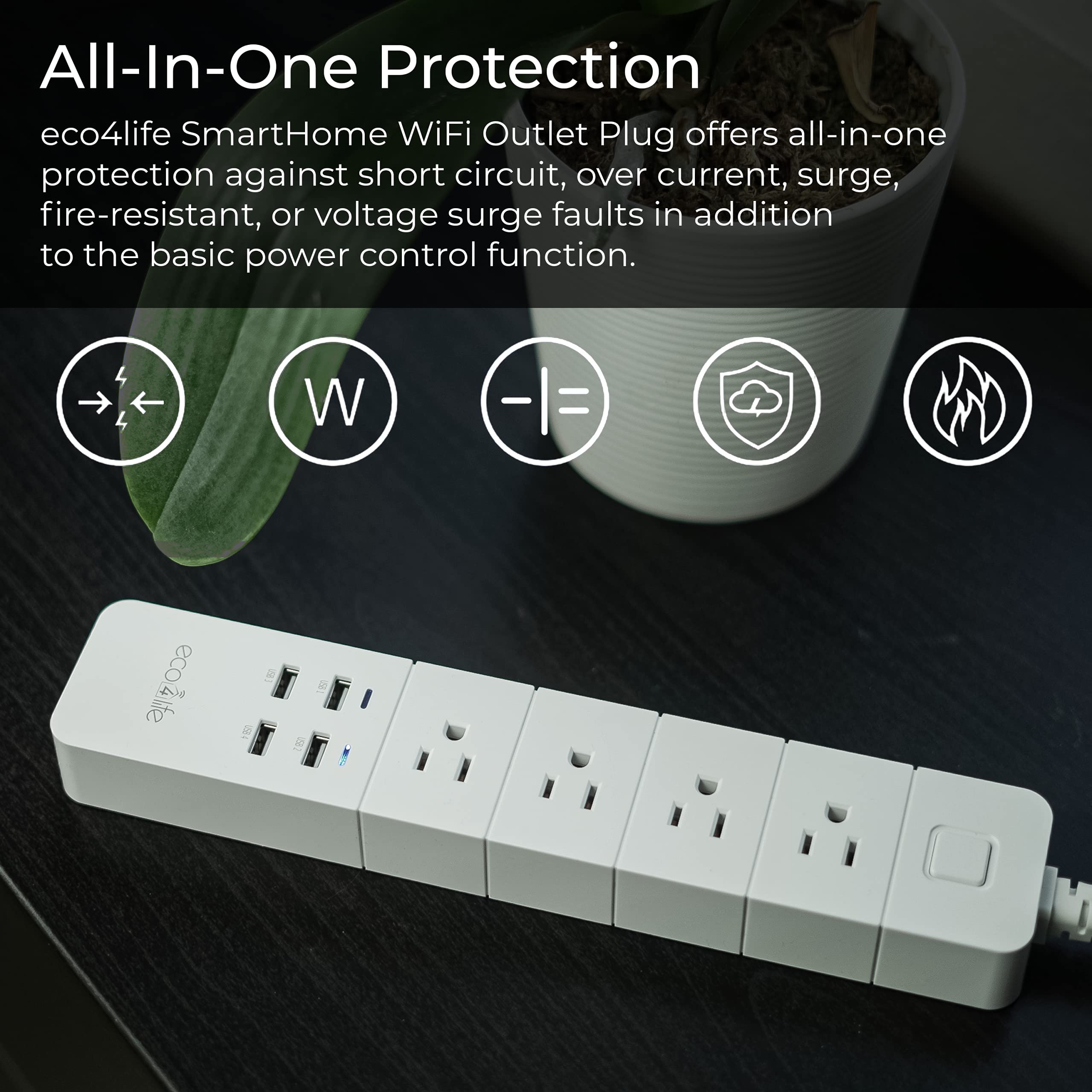 eco4life Wireless Smart Power Strip with Surge Protection, Compatible with Alexa, Google Home and Siri, no Hub Required, Controlled by eco4life app(4 Outlets, 4 USB Ports)