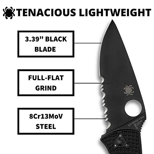 Spyderco Tenacious Lightweight Folding Utility Pocket Knife with 3.39" Black Stainless Steel Blade and Black FRN Handle - Everyday Carry - CombinationEdge - C122PSBBK