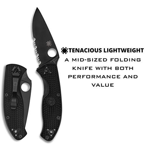 Spyderco Tenacious Lightweight Folding Utility Pocket Knife with 3.39" Black Stainless Steel Blade and Black FRN Handle - Everyday Carry - CombinationEdge - C122PSBBK