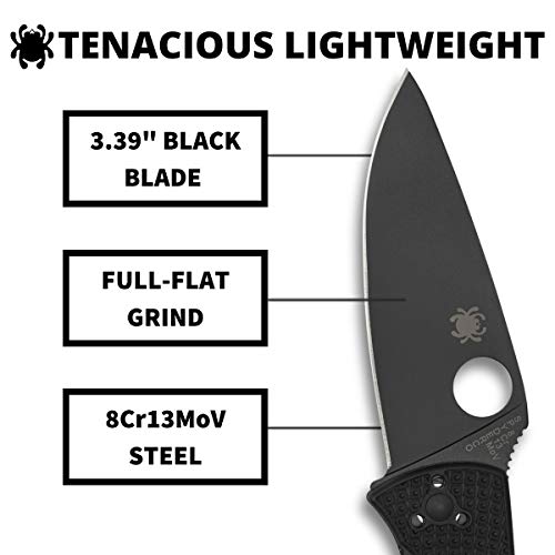 Spyderco Tenacious Lightweight Folding Utility Pocket Knife with 3.39" Black Stainless Steel Blade and Black FRN Handle - Everyday Carry - PlainEdge - C122PBBK