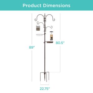 Best Choice Products 91in 4-Hook Bird Feeding Station, Steel Multi-Feeder Kit Stand for Attracting Wild Birds w/ 2 Feeders, Mesh Tray, Bird Bath, 4-Prong Base - Brown