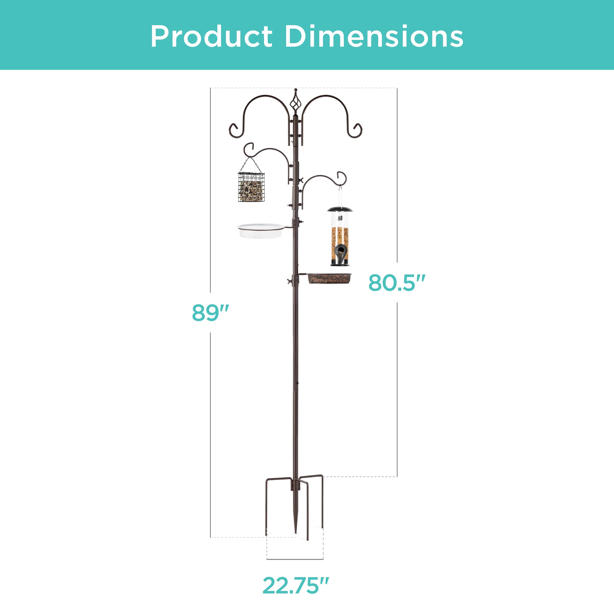 Best Choice Products 91in 4-Hook Bird Feeding Station, Steel Multi-Feeder Kit Stand for Attracting Wild Birds w/ 2 Feeders, Mesh Tray, Bird Bath, 4-Prong Base - Brown