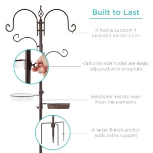 Best Choice Products 91in 4-Hook Bird Feeding Station, Steel Multi-Feeder Kit Stand for Attracting Wild Birds w/ 2 Feeders, Mesh Tray, Bird Bath, 4-Prong Base - Brown