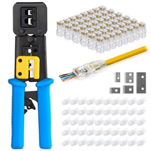 ems rj45 crimp tool kit, with 50 cat6 pass through connectors and 50 clear cable strain relief boots + extra blades - ez cut, strip, crimp ethernet cables