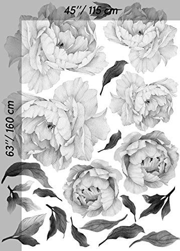 Murwall Floral Peony Wall Decal Black and White Florals Removable Peel and Stick Monochrome Flower Bouqet Wall Sticker Livingroom Entryway