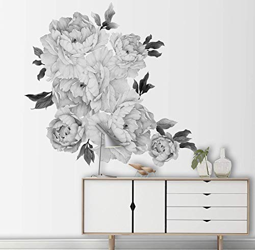 Murwall Floral Peony Wall Decal Black and White Florals Removable Peel and Stick Monochrome Flower Bouqet Wall Sticker Livingroom Entryway