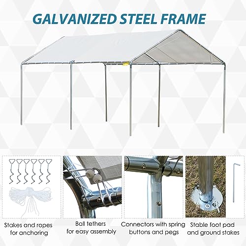 Outsunny 10'x20' Carport Heavy Duty Galvanized Car Canopy with Included Anchor Kit, 3 Reinforced Steel Cables, White