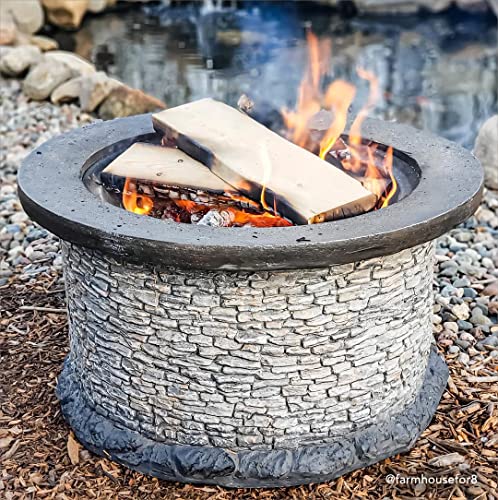 Sunjoy 32 in. Fire Pits for Outside, Patio Round Stone Wood-Burning Large Fire Pits with Mesh Spark Screen and Fire Poker for Outside, Brown and Gray