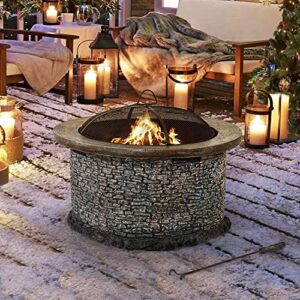 Sunjoy 32 in. Fire Pits for Outside, Patio Round Stone Wood-Burning Large Fire Pits with Mesh Spark Screen and Fire Poker for Outside, Brown and Gray