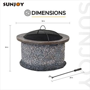 Sunjoy 32 in. Fire Pits for Outside, Patio Round Stone Wood-Burning Large Fire Pits with Mesh Spark Screen and Fire Poker for Outside, Brown and Gray