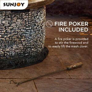 Sunjoy 32 in. Fire Pits for Outside, Patio Round Stone Wood-Burning Large Fire Pits with Mesh Spark Screen and Fire Poker for Outside, Brown and Gray